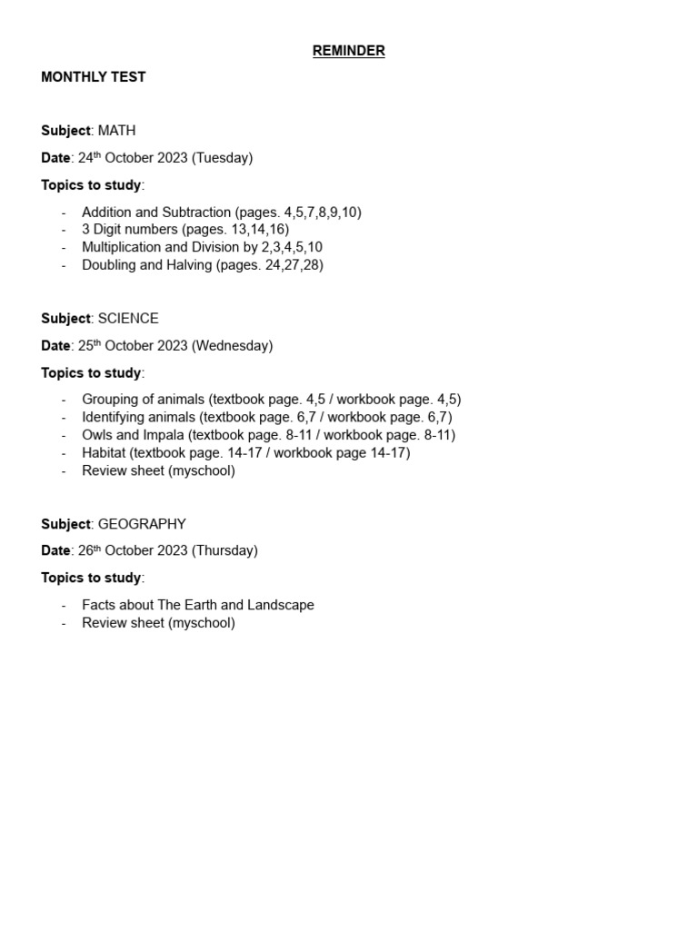 REMINDER About Unit Test | PDF | Teaching Methods & Materials
