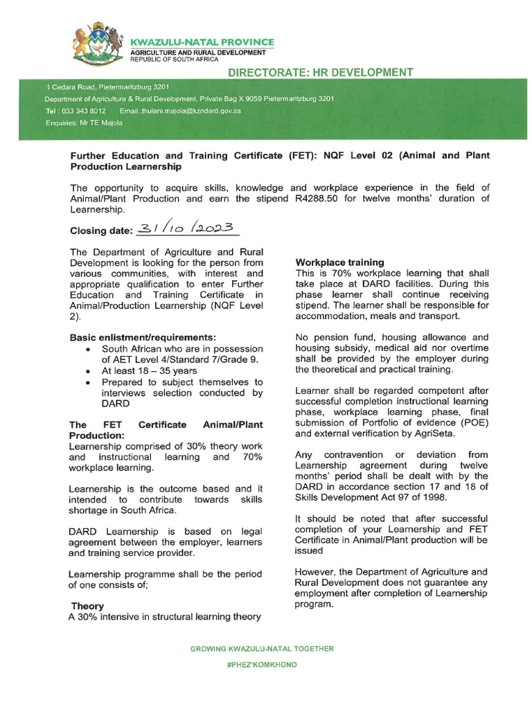 Advert - NQF Level 02 Animal and Plant Production Learnership - Closing ...