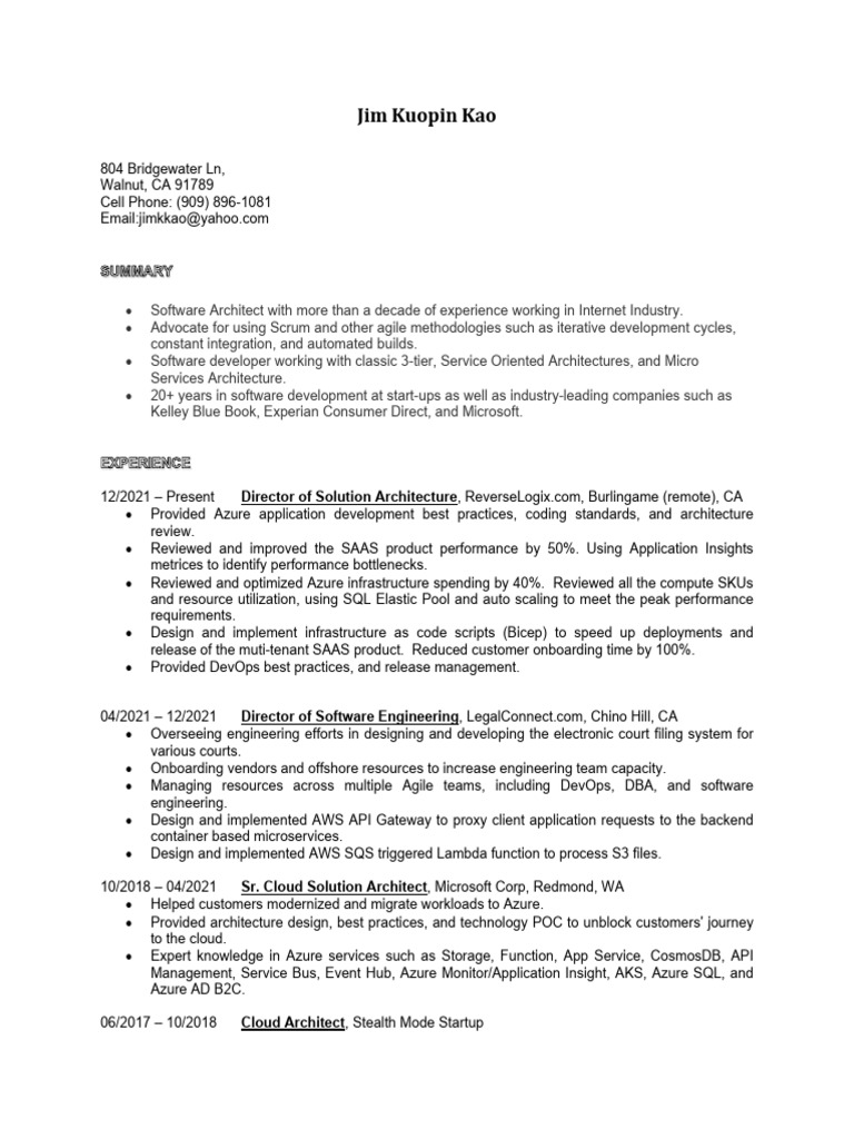 Dice Resume CV Jim Kao | Download Free PDF | Microsoft Azure | Cloud ...