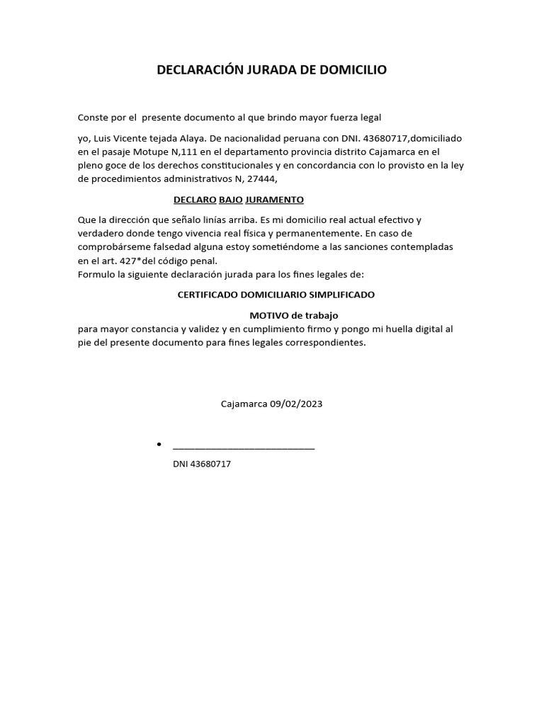 Declaración Jurada de Domicilio | PDF