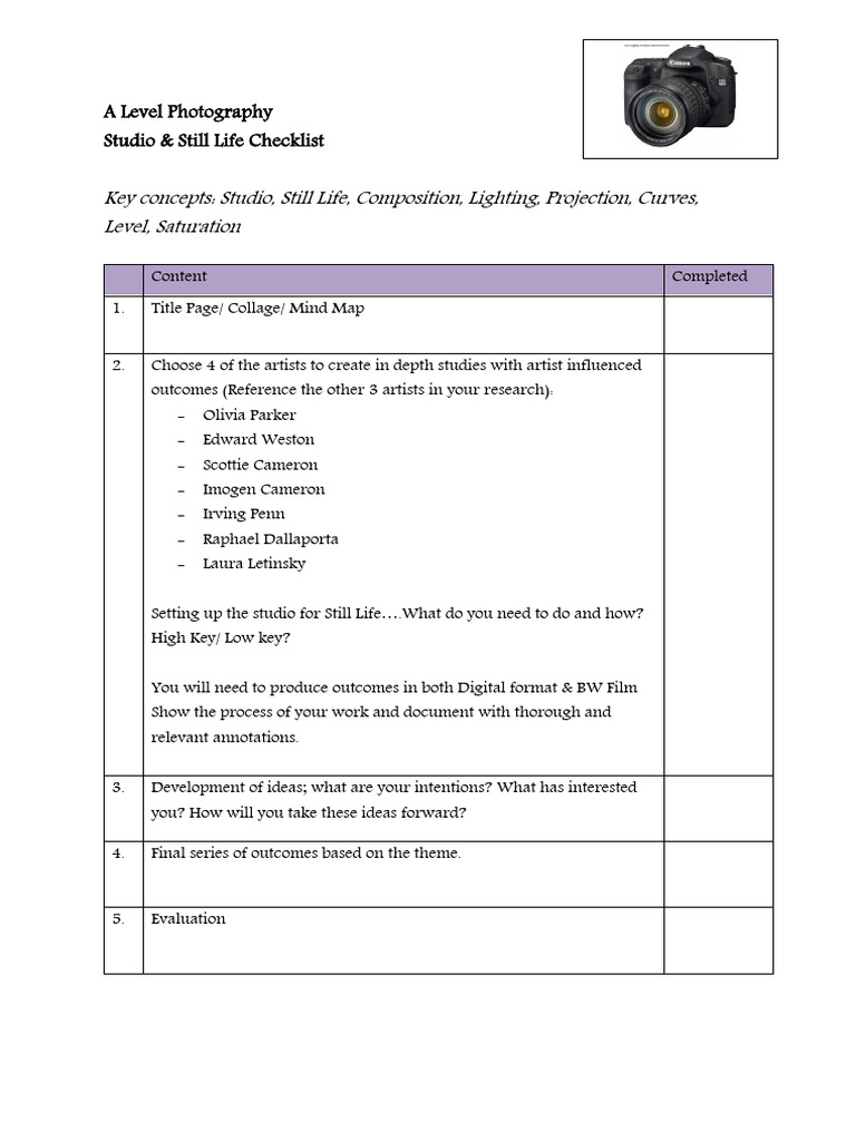 Photography Studio Checklist | PDF