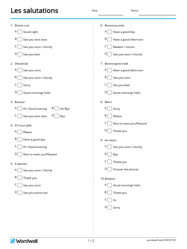 Les Salutations Quiz | PDF