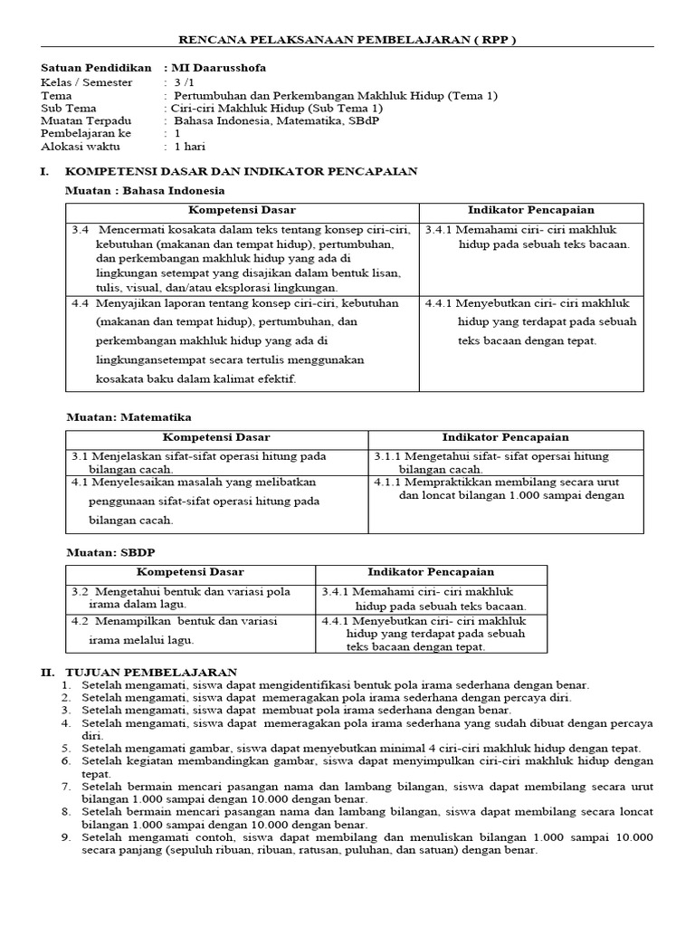 RPP Kelas 3 Tema 1 Subtema 1 | PDF