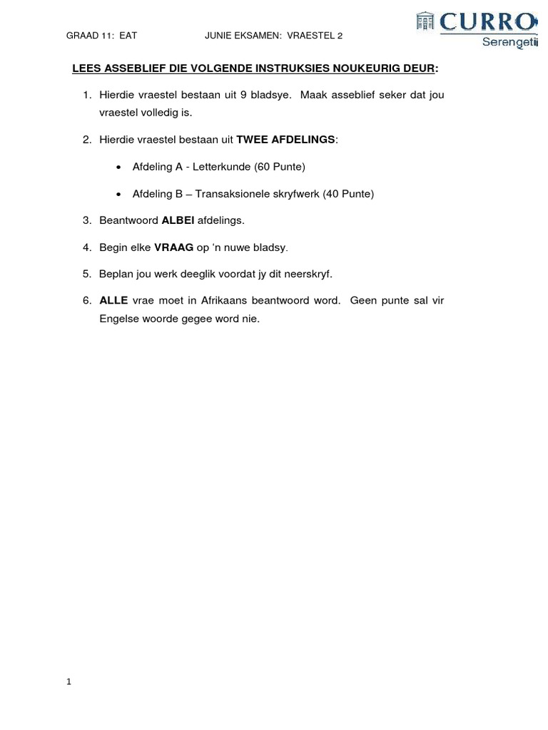 Afrikaans gr11 Vraestel2 Junie2016 Eksamen-Mrs-Slabbert | PDF