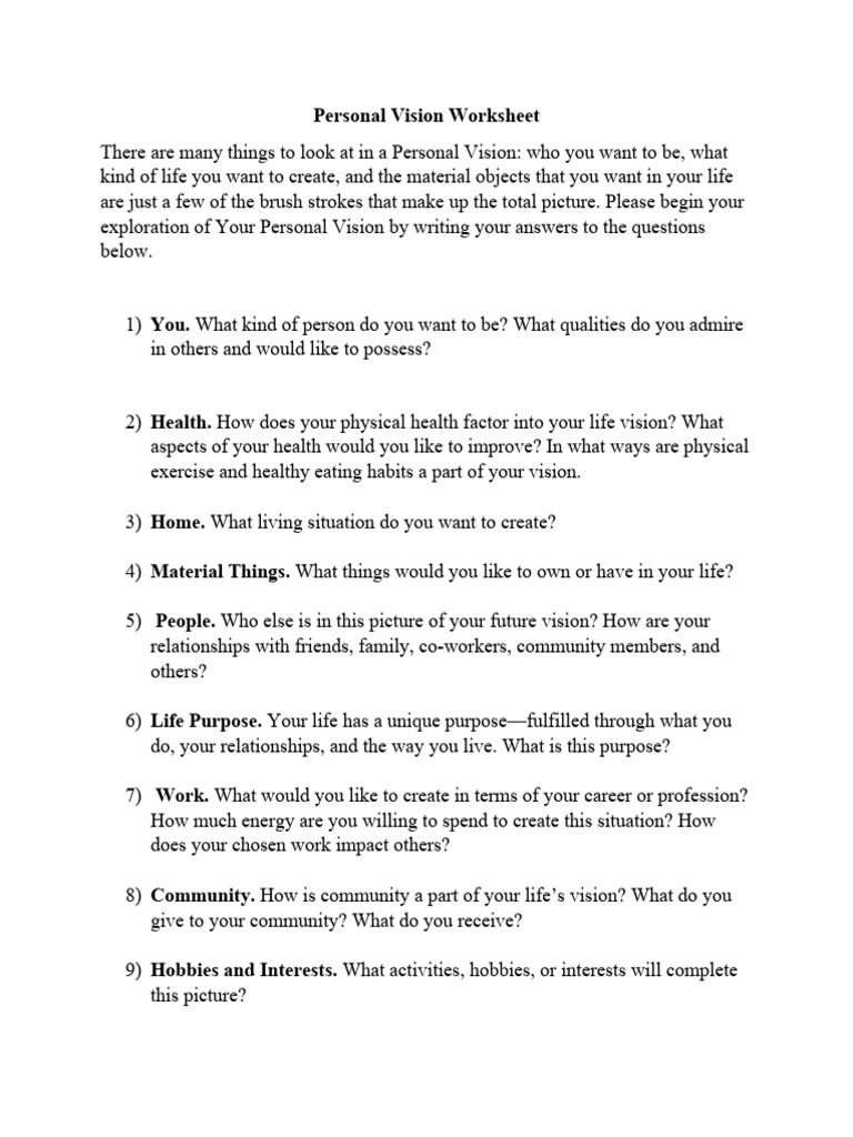 Personal Vision Worksheet Pdf