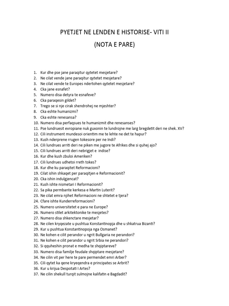 Pyetjet Ne Lenden e Historise | PDF
