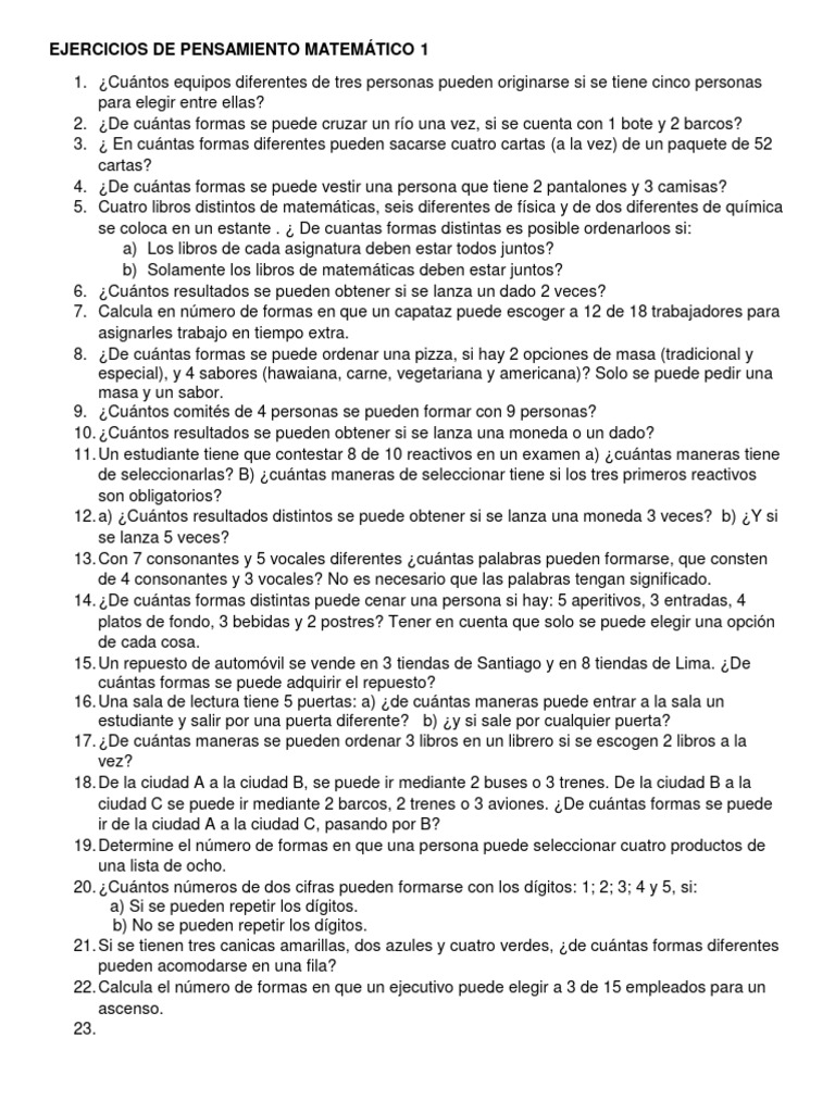 Ejercicios de Pensamiento Matemático 1 | PDF
