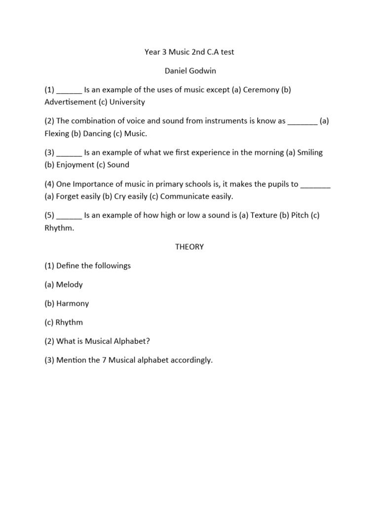 Year 3 Music 2nd C.A Test Daniel Godwin | PDF