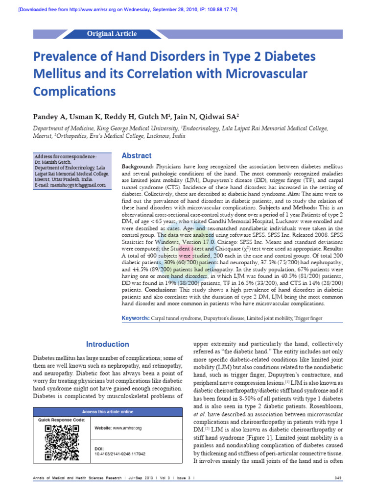 Prevalence of Hand Disorders in Type 2 Diabetes Me | PDF