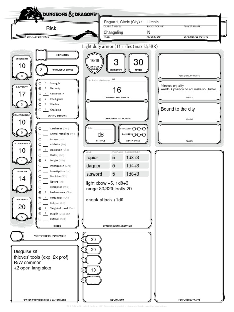 5E Character Sheet Complete 3pgs | PDF