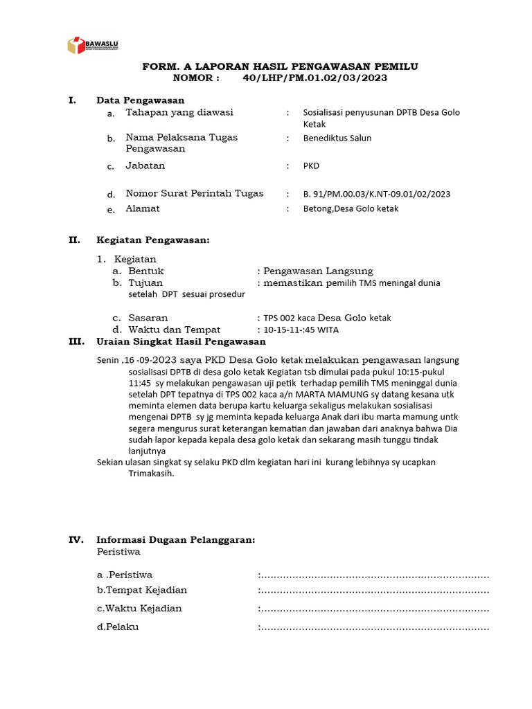 Form A Sosialisasi DPTB Ds. Golo Ketak | PDF
