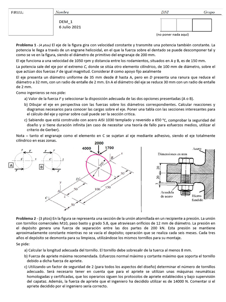 Examenes 2020 - 2021 | PDF | Tornillo | Engranaje