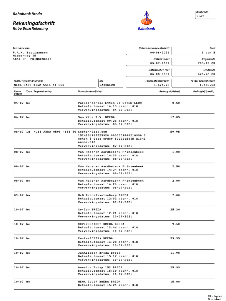 Rekeningafschrift: Rabobank Breda Rabo Basisrekening | PDF