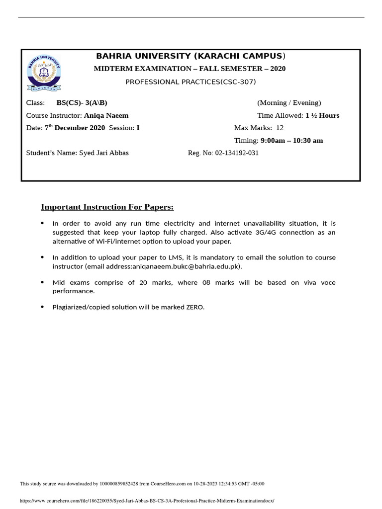 Syed Jari Abbas BS CS 3A Profesional Practice Midterm Examination | PDF
