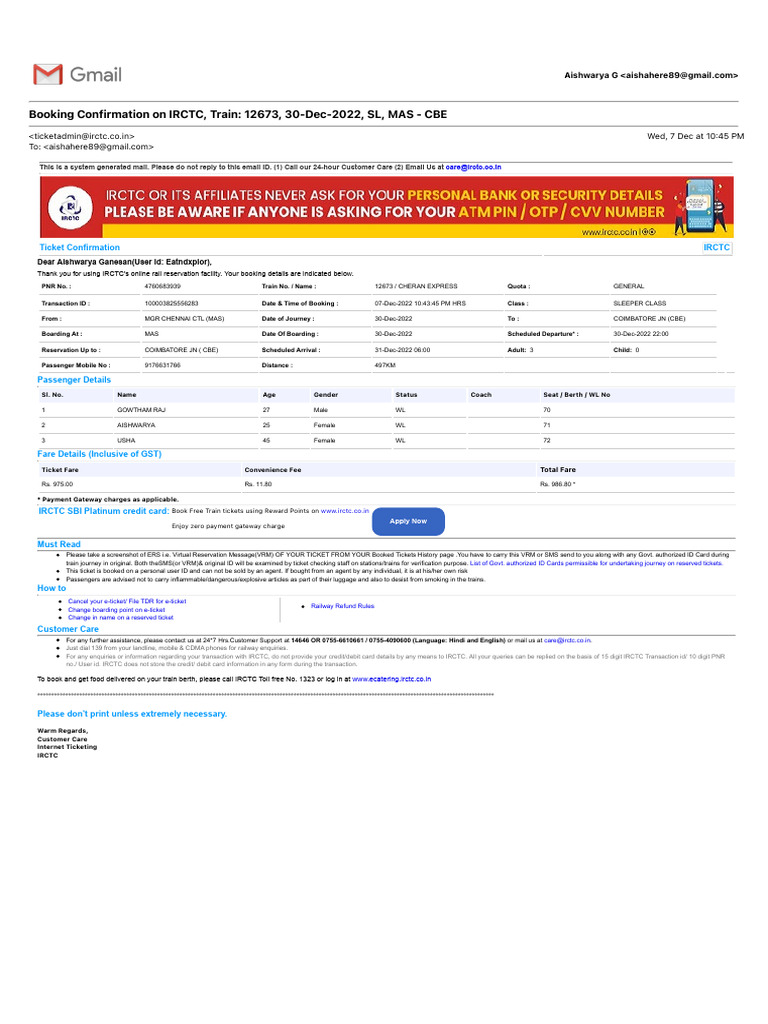 Booking Confirmation On IRCTC, Train: 12673, 30-Dec-2022, SL, MAS - CBE | PDF | Credit Card ...