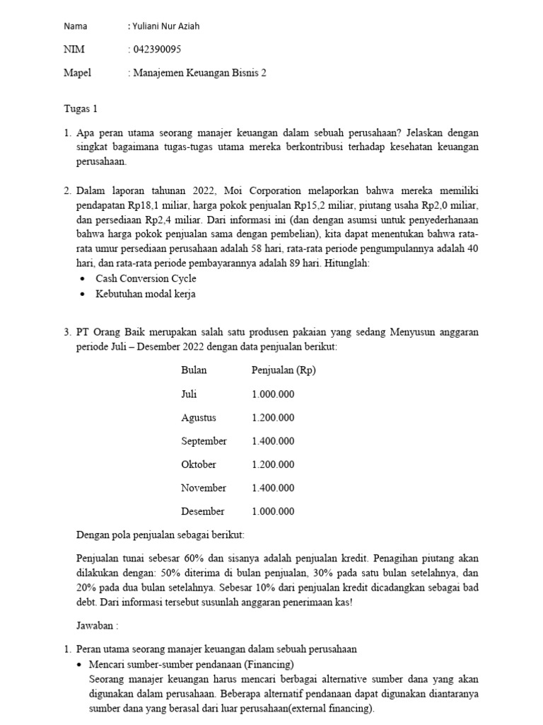 Tugas 1 Manajemen Keuangan Bisnis Yuli 2023 | PDF