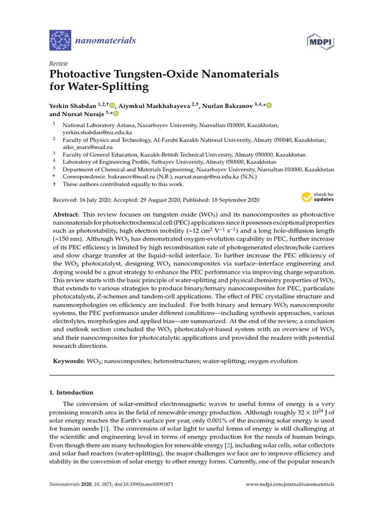 Photoactive Tungsten-Oxide Nanomaterials For Water-Splitting | PDF