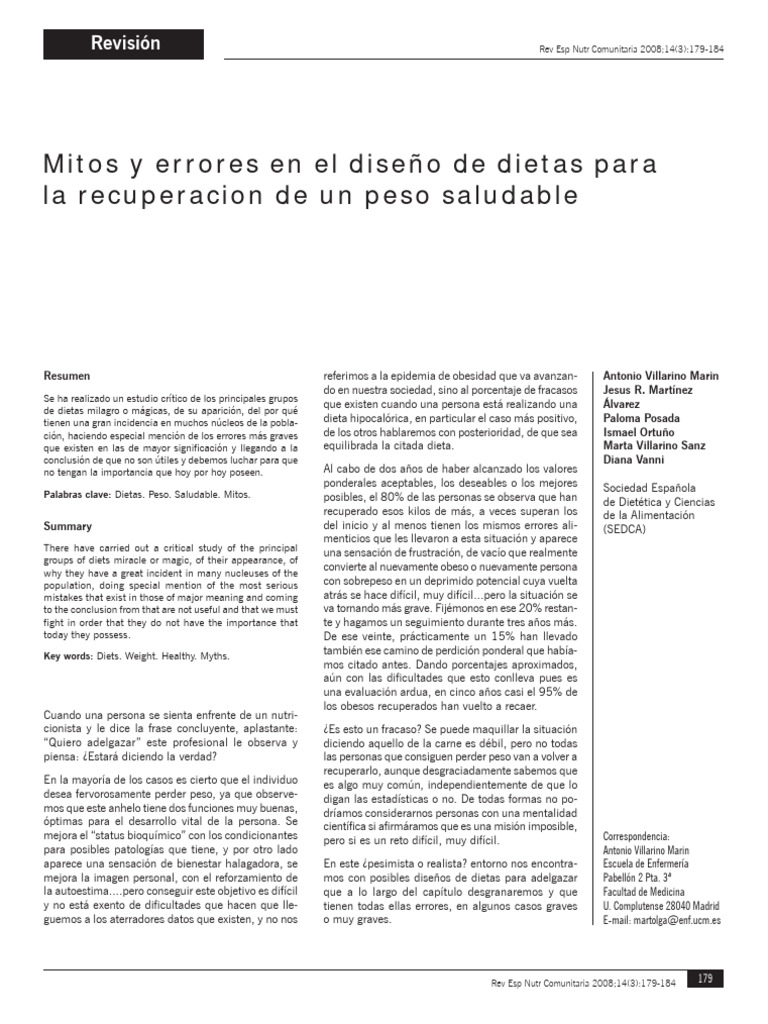 Mitos y Errores en El Diseño de Dietas para La Recuperacion de Un Peso Saludable | PDF | Dieta ...