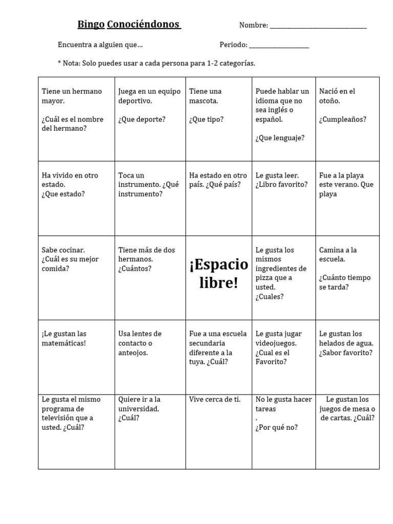Getting To Know You Bingo With Spanish Translation. | PDF