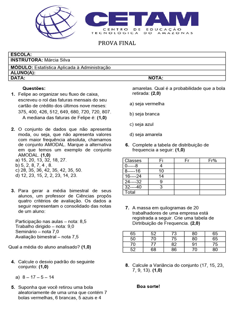 Prova Final Adm | PDF | Modo (Estatística)