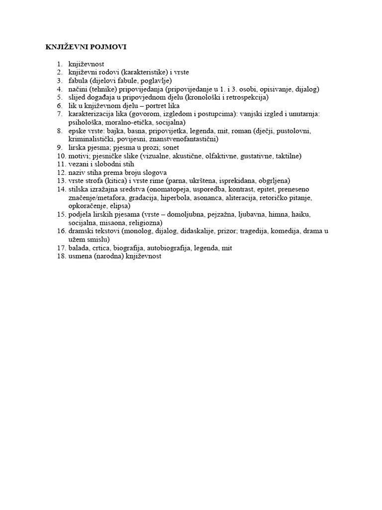 KNJIZEVNI POJMOVI Za Sedmase - Kraj 7. Razreda | PDF