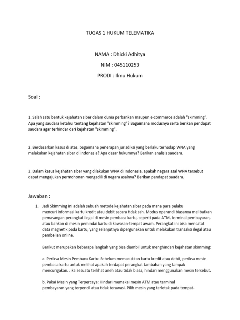 Tugas 1 Hukum Telematika | PDF