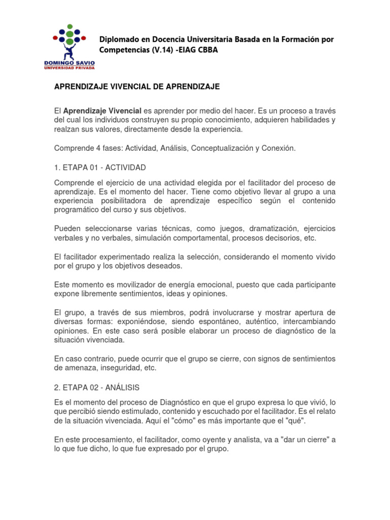 Aprendizaje Vivencial | PDF | Aprendizaje | Experiencia