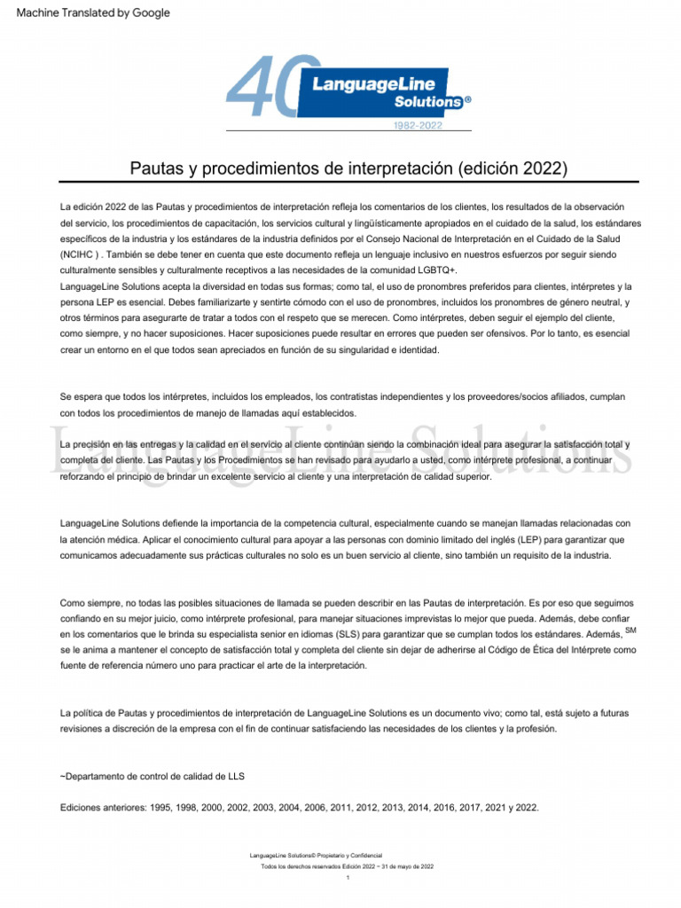 LLS Interpreting Guidelines and Procedures 2022 - 1682419204 | PDF | Servicio al Cliente ...