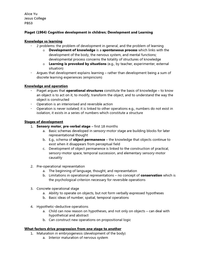 Piaget (1964) Development and Learning Summary | PDF | Knowledge ...