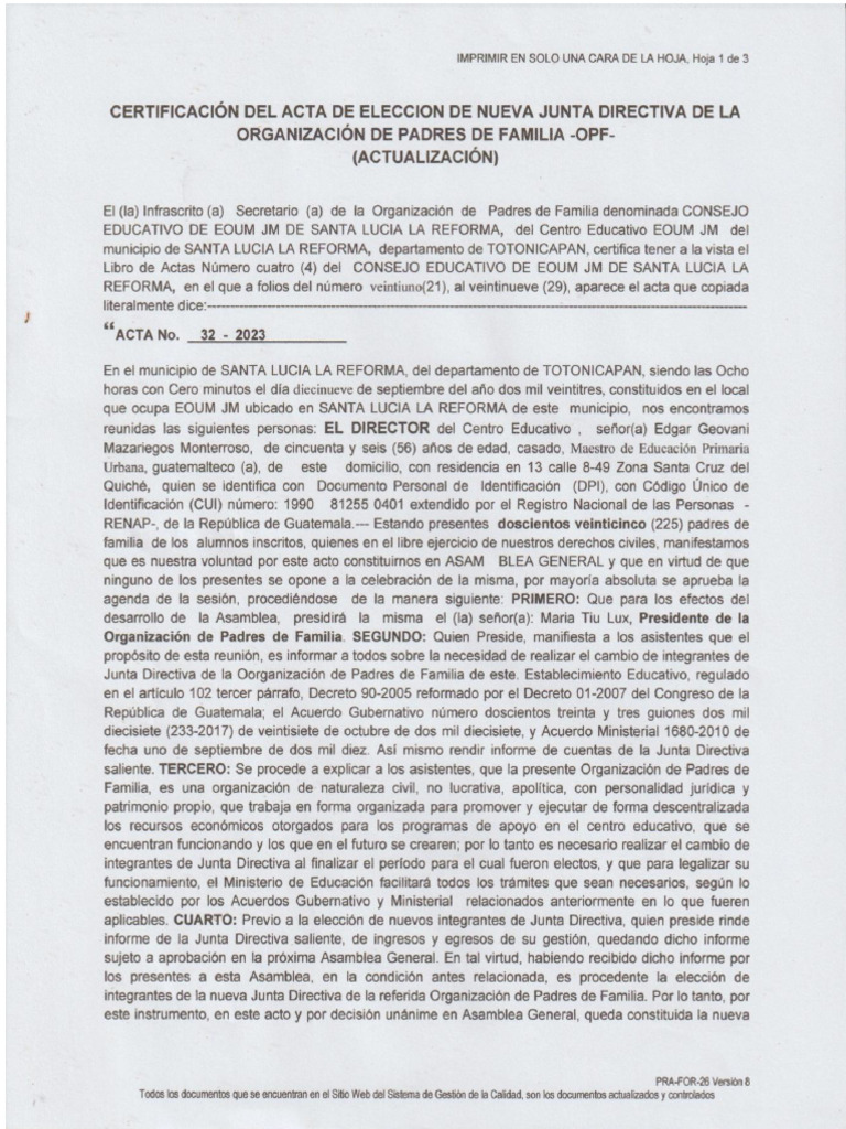 Acta de Elección Nivel 43 | PDF