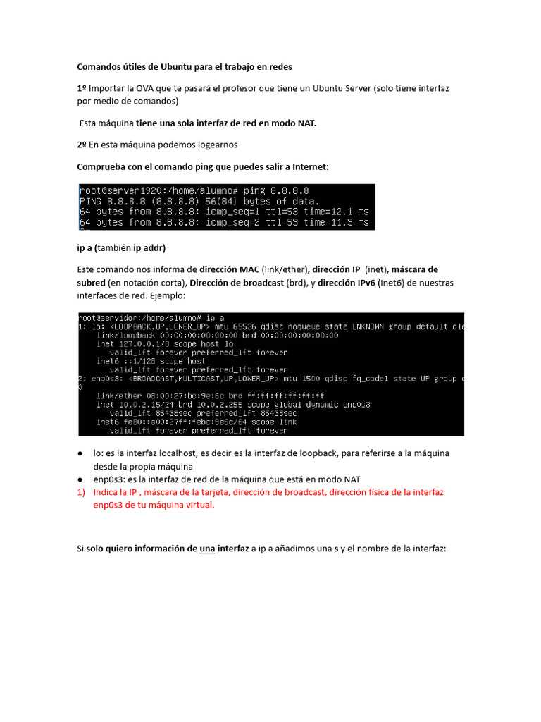 Comandos Ubuntu para Redes y Configuración | PDF | Dirección IP | Protocolos de internet