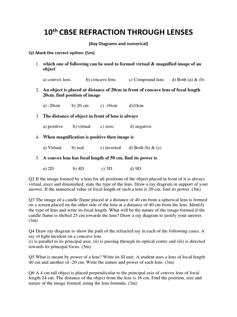 10th CBSE REFRACTION THROUGH LENSES | PDF