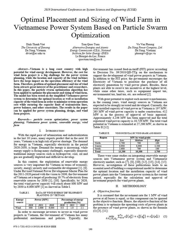 Optimal Placement and Sizing of Wind Farm in Vietnamese Power System ...