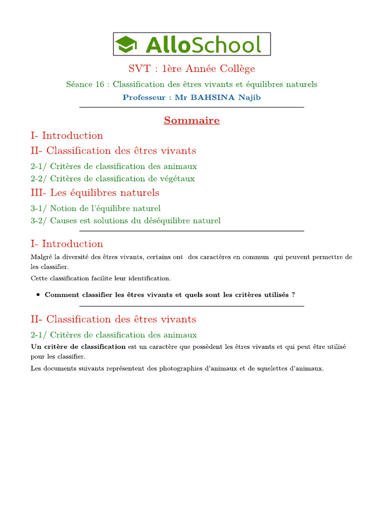 Seance 16 Classification Des Etres Vivants Et Equilibres Naturels | PDF