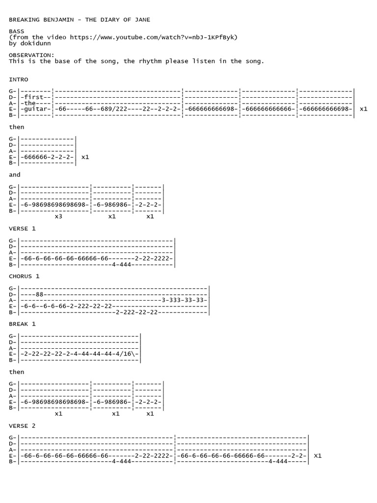 Breaking Benjamin - The Diary of Jane (Bass Tab) | PDF