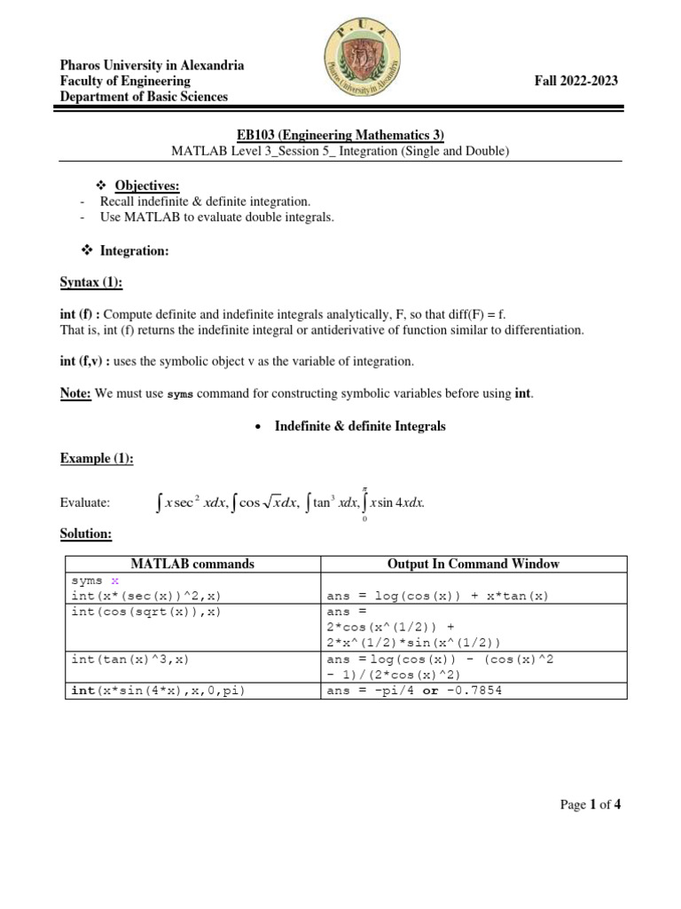 EB103 - Math 3 - MATLAB 3 - Session 5 - Single & Double Integration - Fall 2022-2023-1 ...