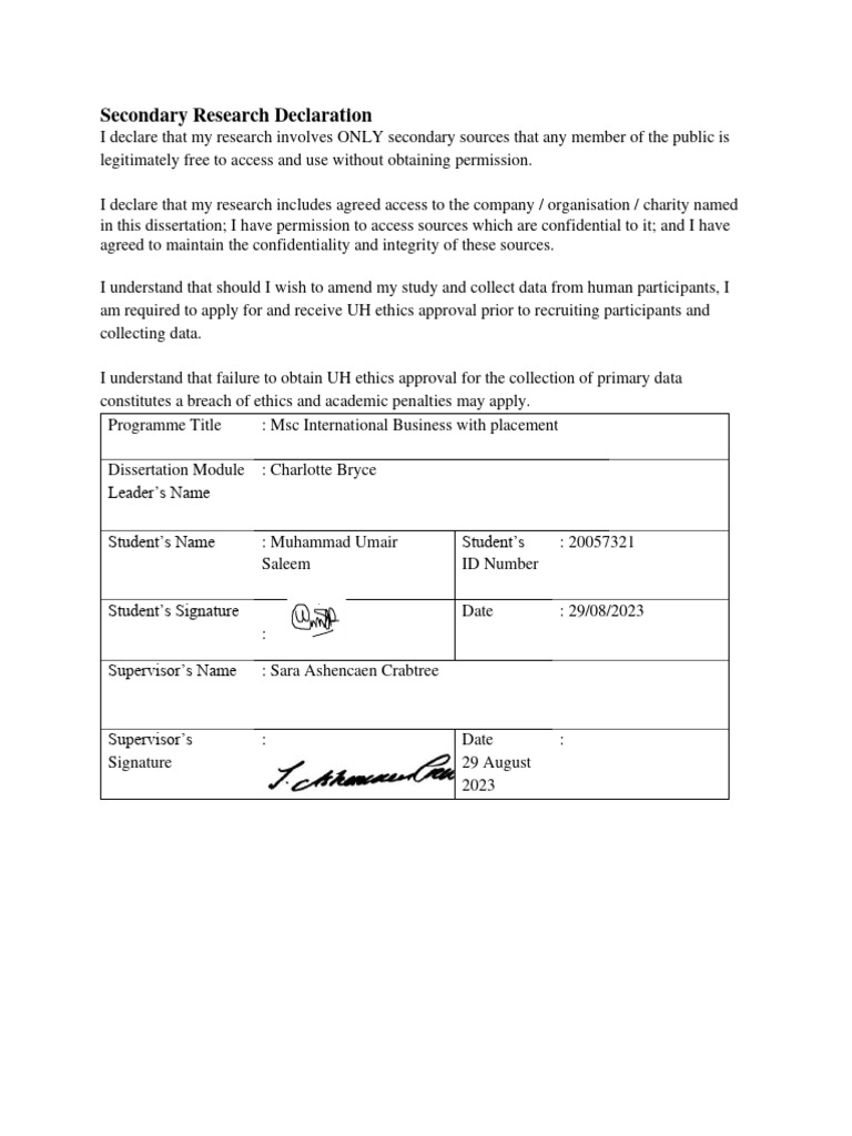 Secondary Research Declaration | PDF