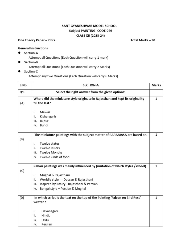 Class XII Painting Exam Guide 2023-24 | PDF