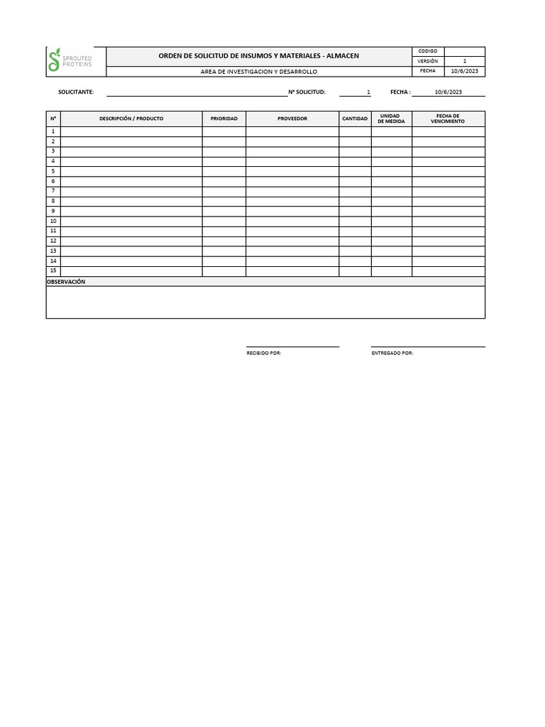Formato de Orden de Solicitud de Insumos para Almacen | PDF
