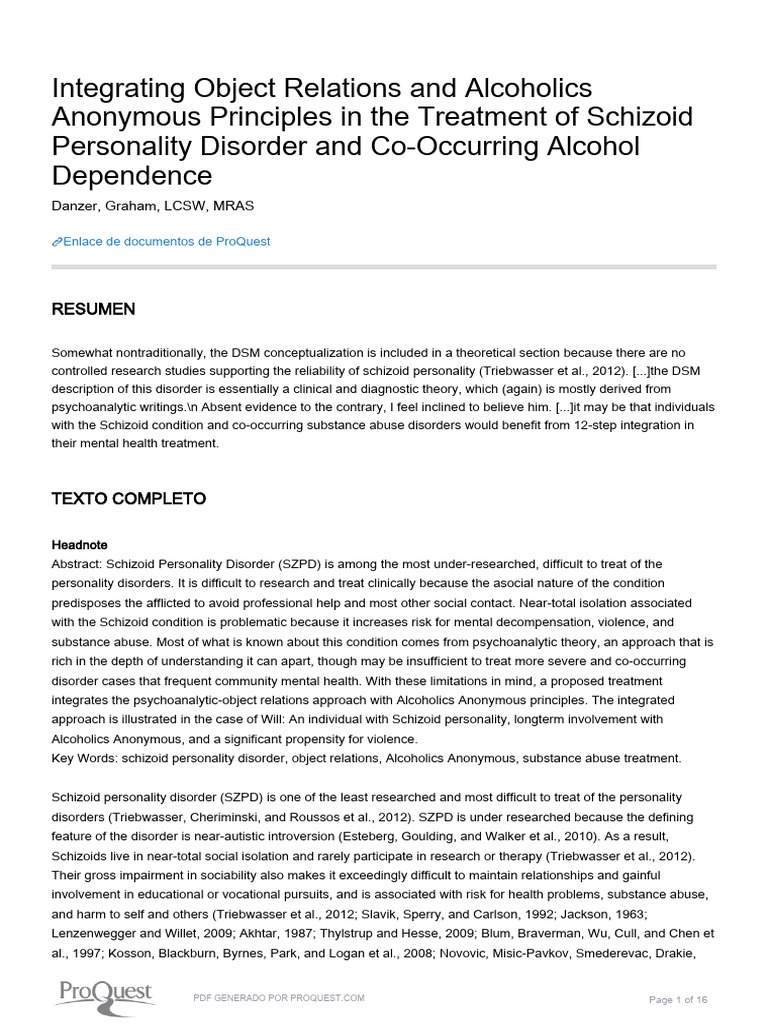 Integrating Object Relations And Alcoholics Anonymous Principles In The Treatment Of Schizoid