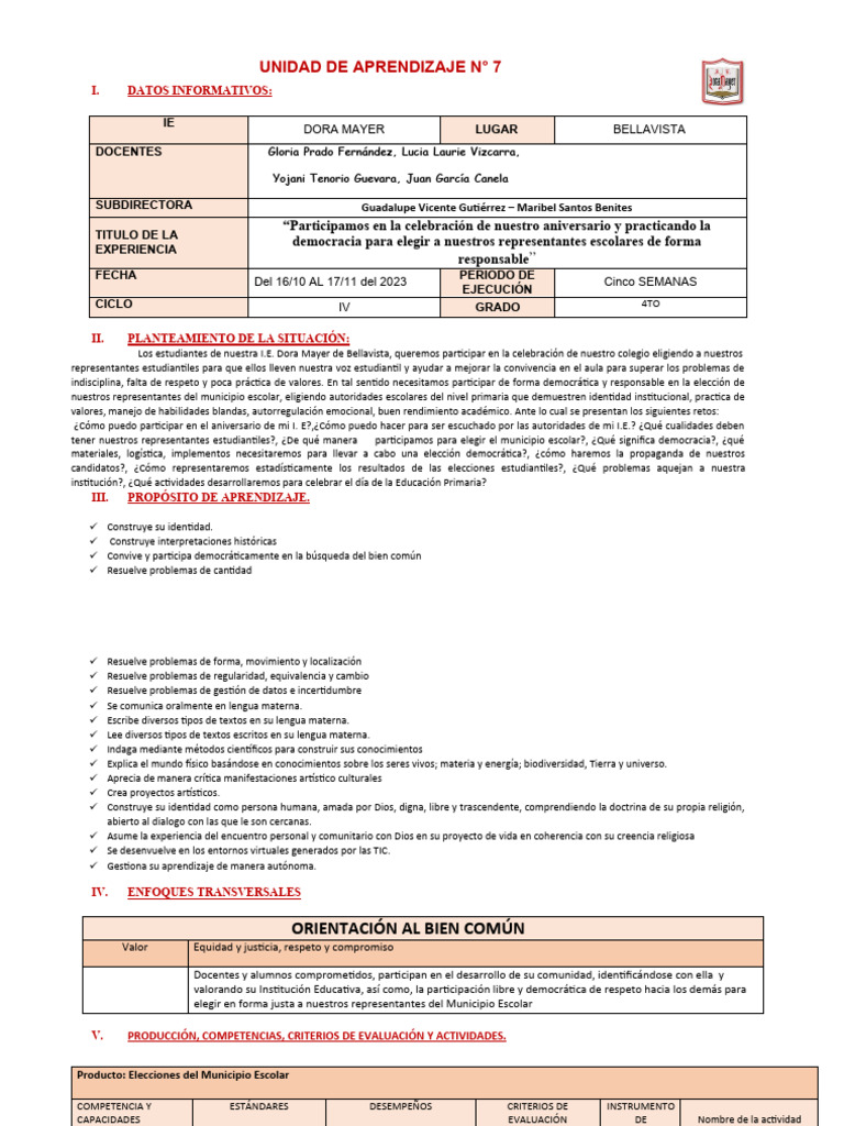 Unidad de Aprendizaje N°7 - 4to Grado | PDF