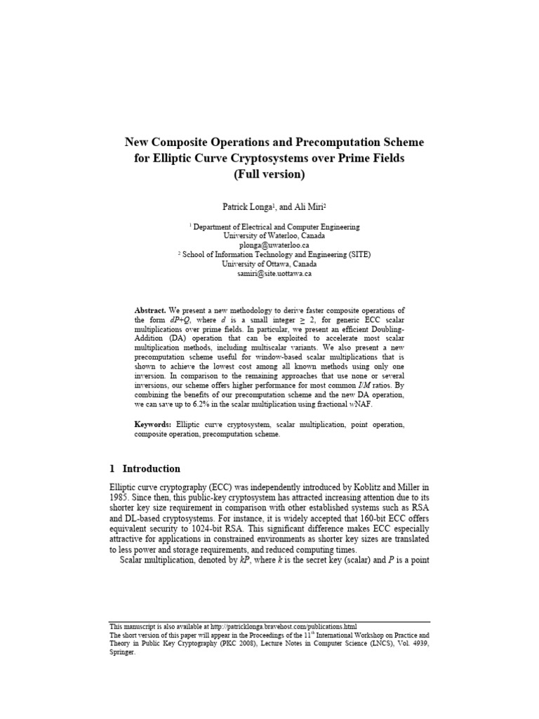 New Composite Operations and Precomputation Scheme For Elliptic Curve Cryptosystems Over Prime ...