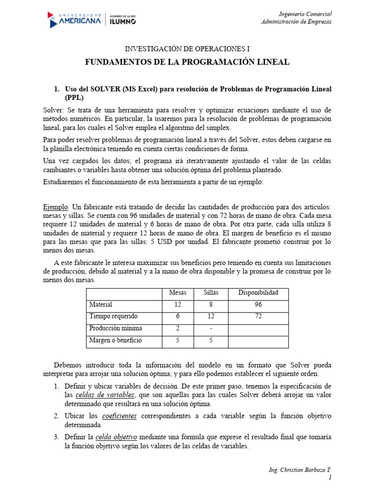 Io1 03 Uso de Solver1 | PDF | Programación lineal