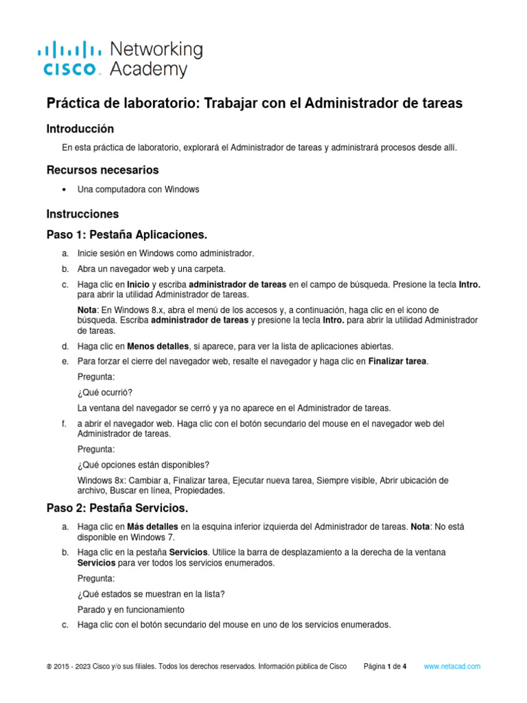 11.1.3.4 Lab - Work With Task Manager | PDF | Windows 7 | Ventana (informática)