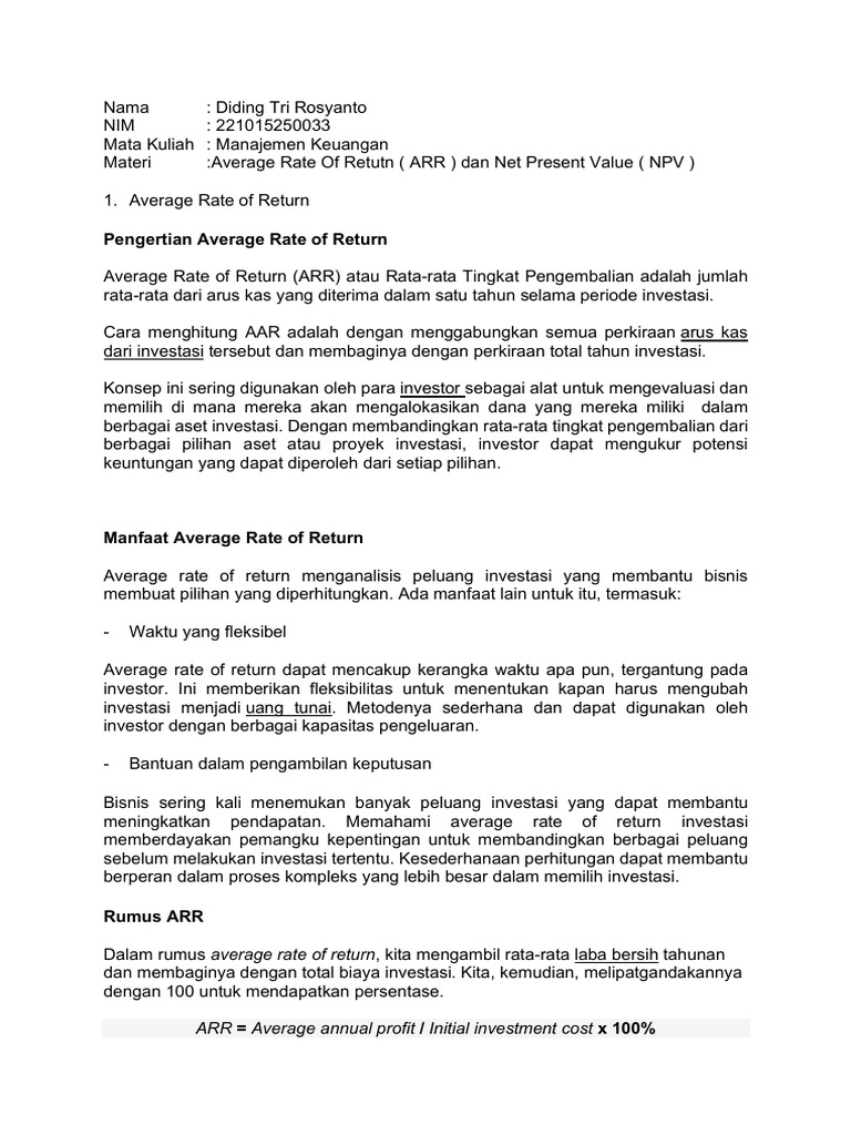 Average Rate of Return (ARR), Net Present Value, Pert 7 (NPV) | PDF