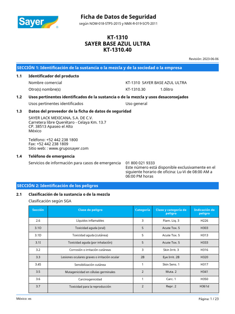 SDS KT-1310 SAYER BASE AZUL ULTRA-Esp Si3 | PDF | Toxicología | Agua