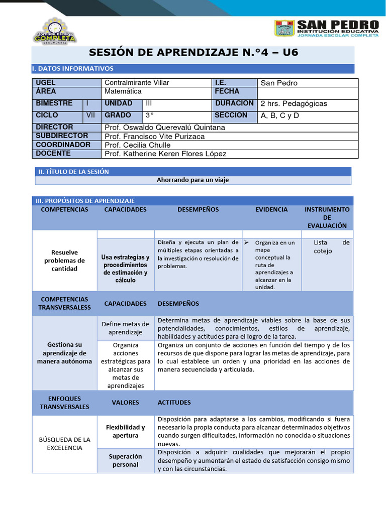 Sesión de Aprendizaje N.°4 - U6 | PDF | Aprendizaje | Evaluación