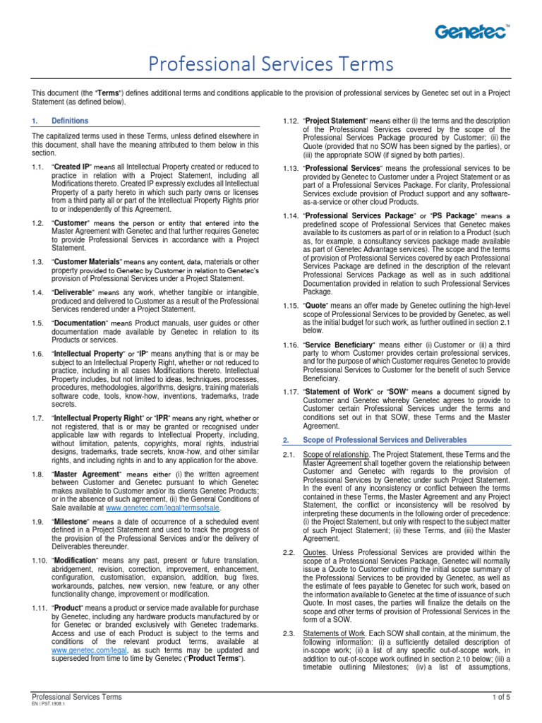 Genetec Professional Services Terms | PDF