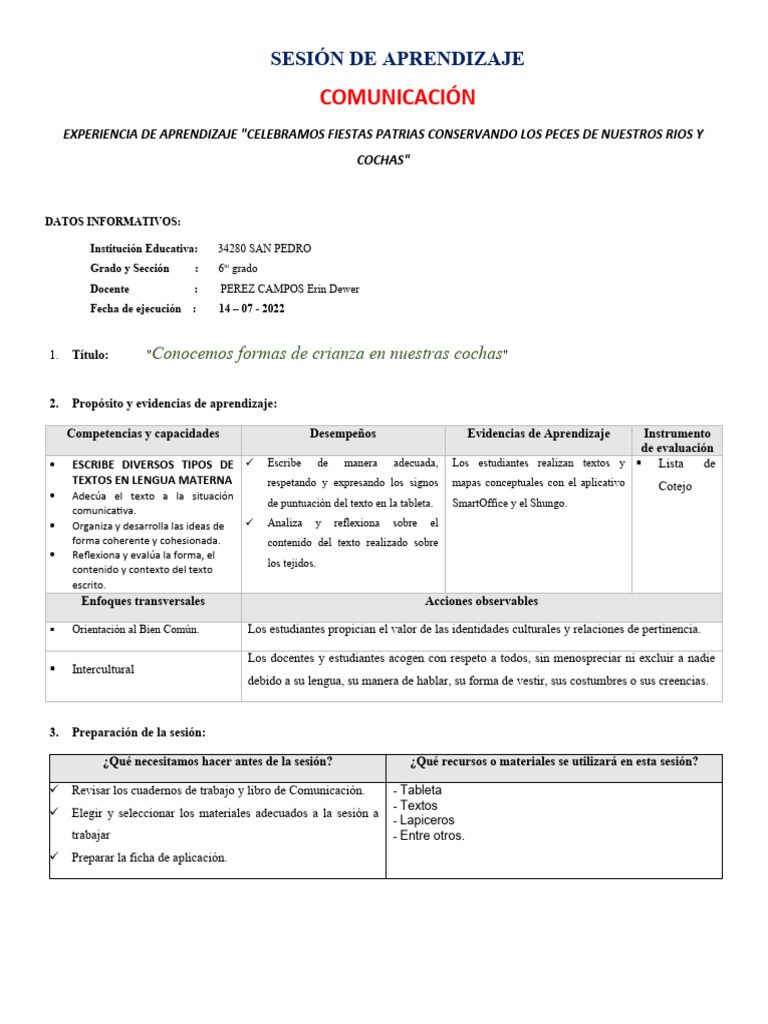 SESIÓN DE APRENDIZAJE Comunicación .... Jueves | PDF | Aprendizaje | Ciencia cognitiva