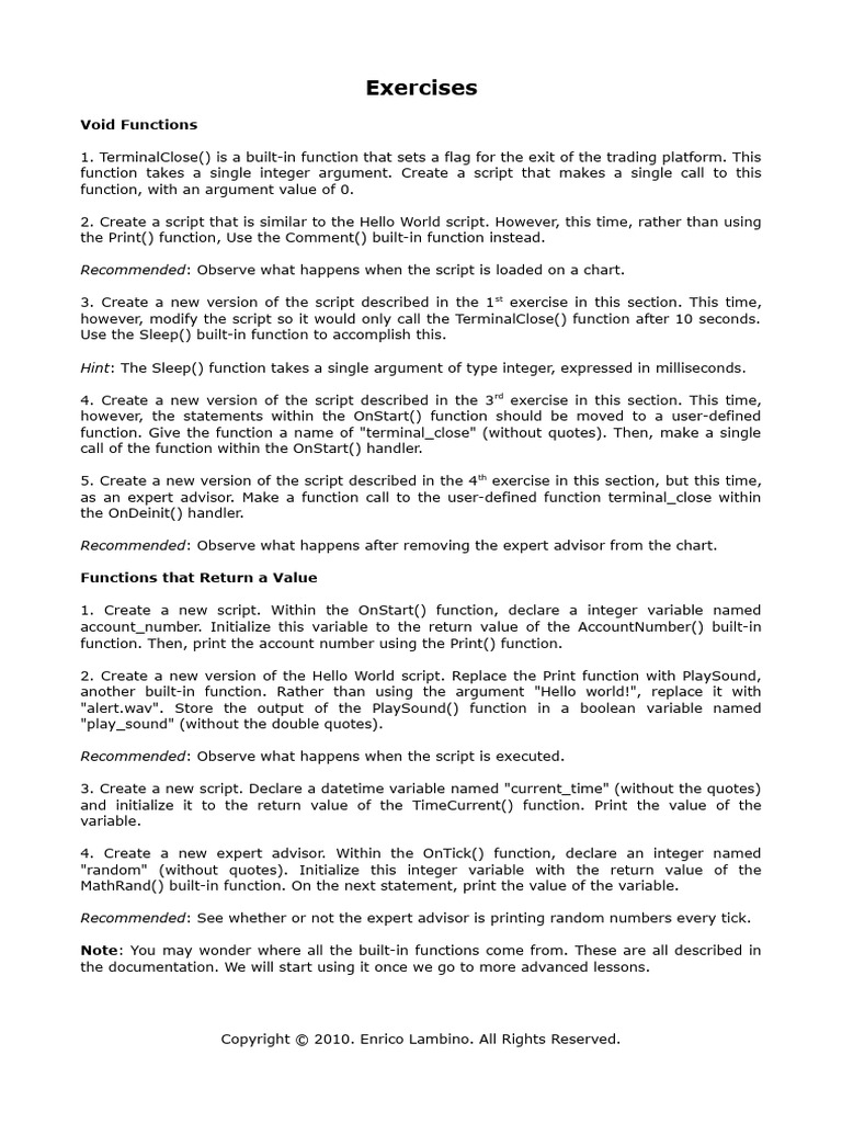 MQL4 Exercises Functions | PDF | Parameter (Computer Programming) | Software Engineering
